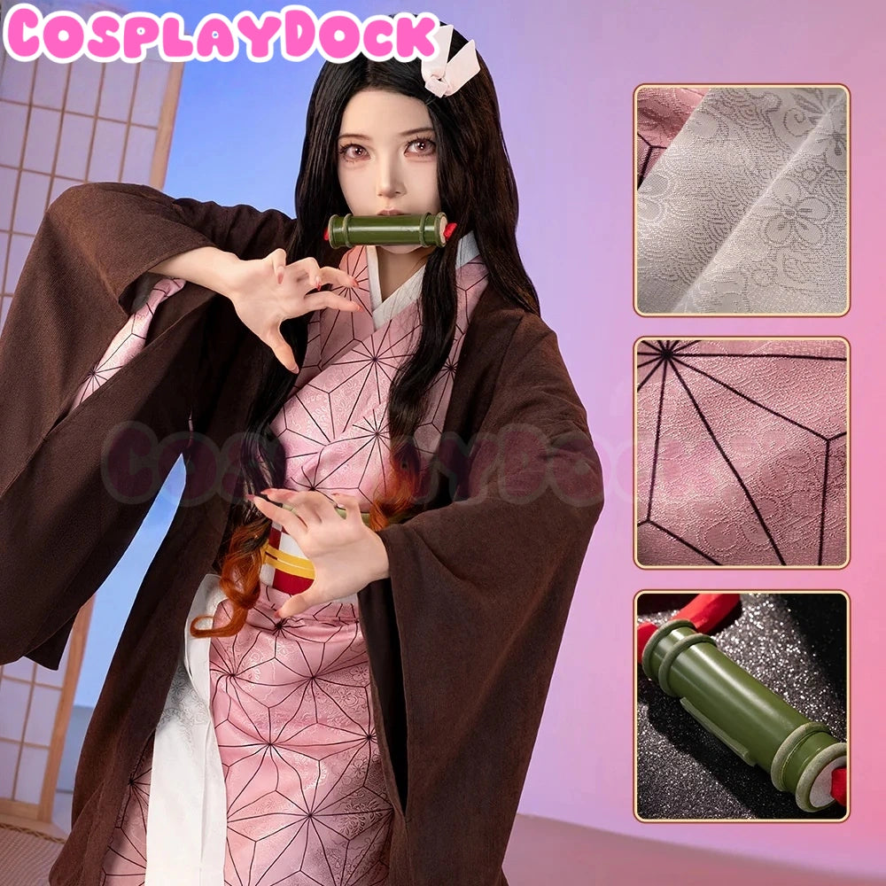 Demon Slayer Nezuko Kamado cosplay kimono pink checkered bamboo muzzle ...
